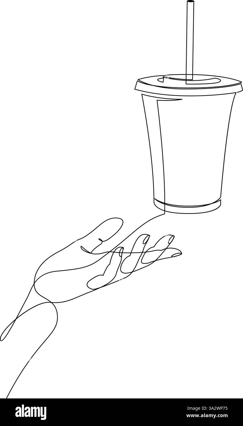 Continuous one line drawing of hand holding a plastic cup with straw ...