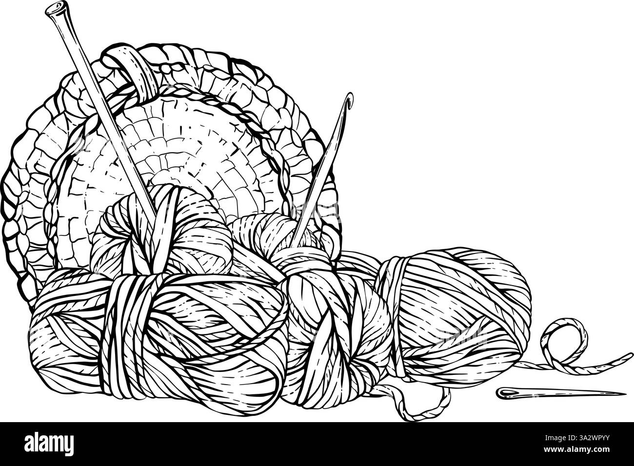 Skeins of knitting thread with needles, ball of yarn in crocheted ...