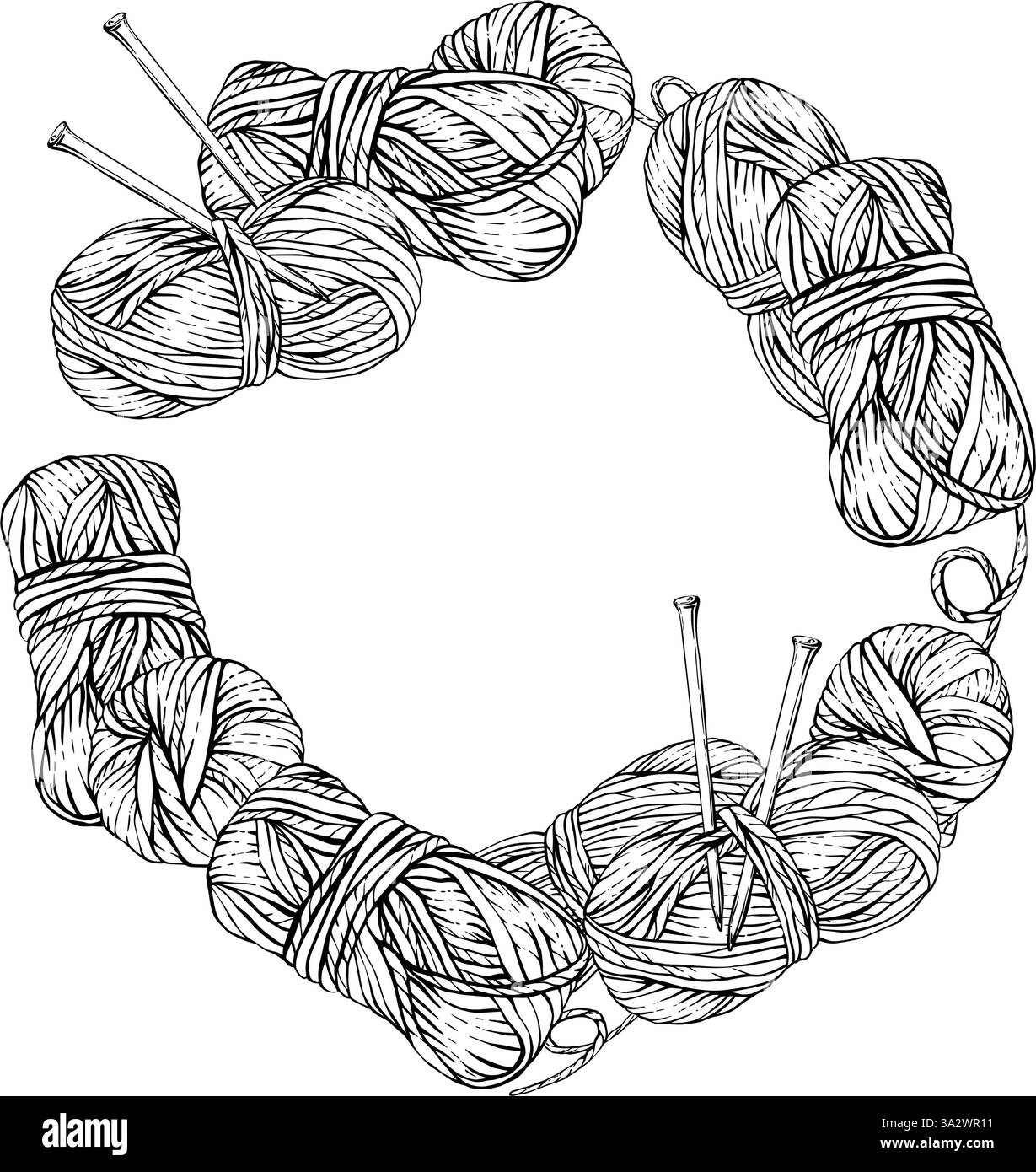 Ball of yarn with knitting needles wreath. Skein of knitting thread ...