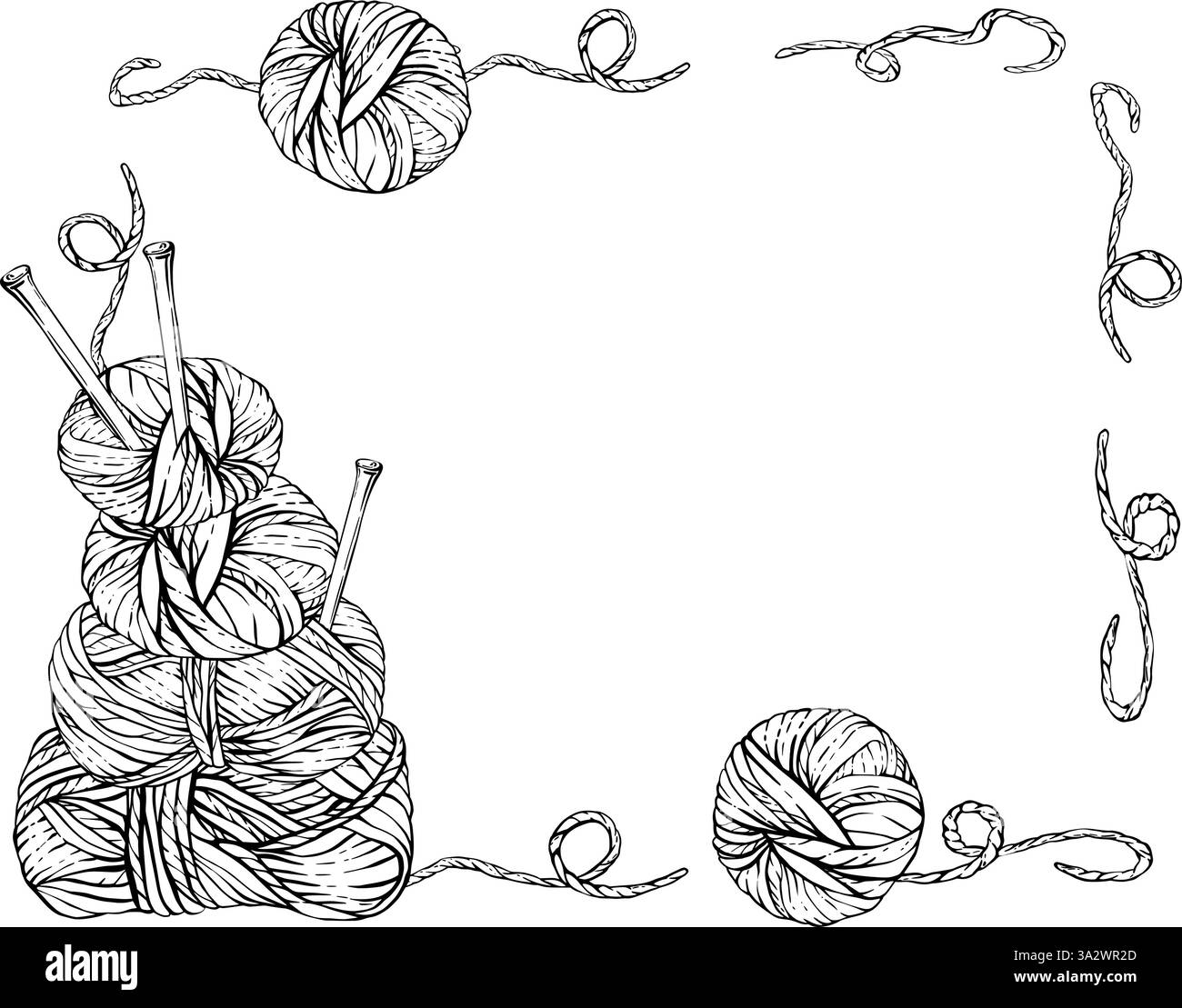 Skeins of knitting thread, balls of yarn with needles and pins banner ...
