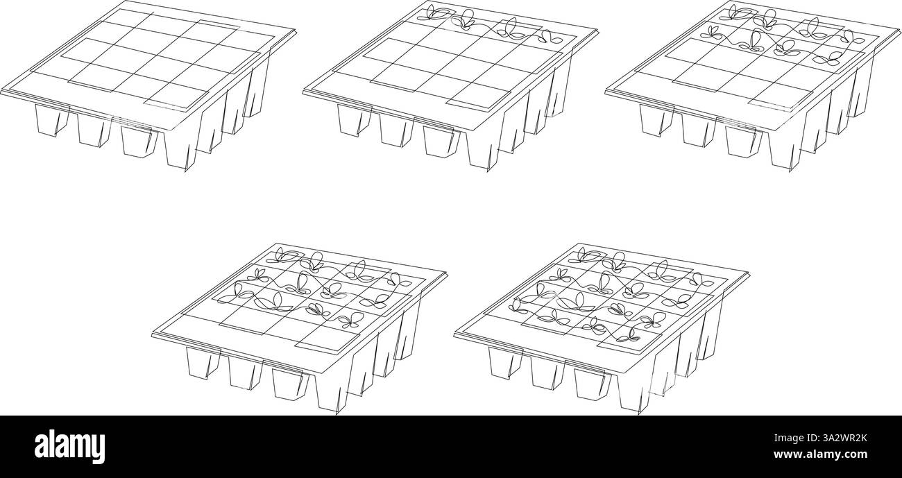 Seedlings growing in peat pots cassette continuous line drawing ...