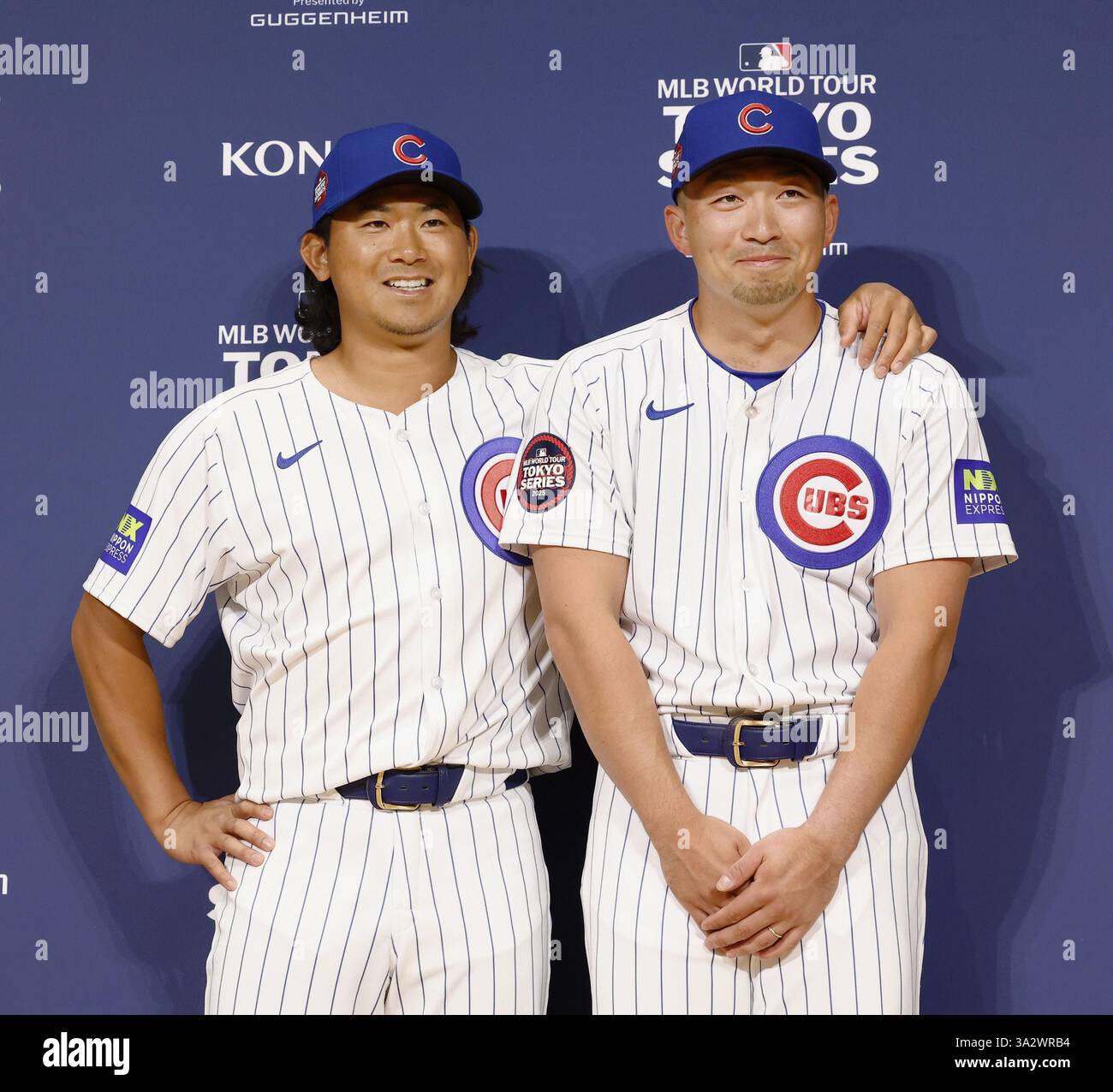 Chicago Cubs pitcher Shota Imanaga (L) and outfielder Seiya Suzuki, both of Japan, pose for ...