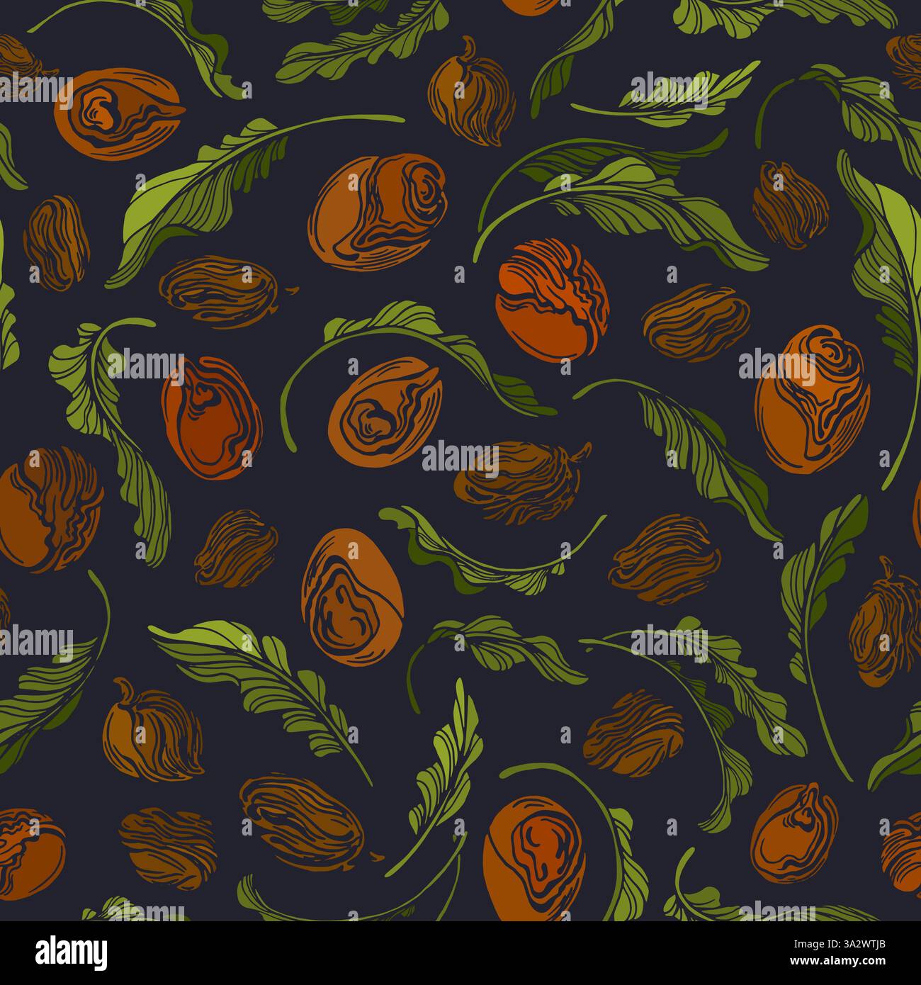 Shea nut seamless pattern. Vintage engraving on black background ...