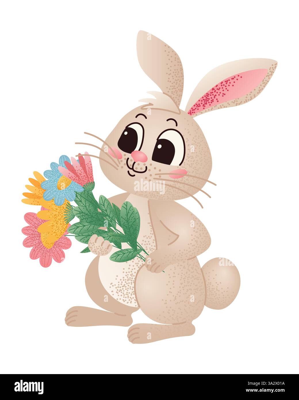 Cute beige rabbit holding a bouquet of flowers on a white background ...