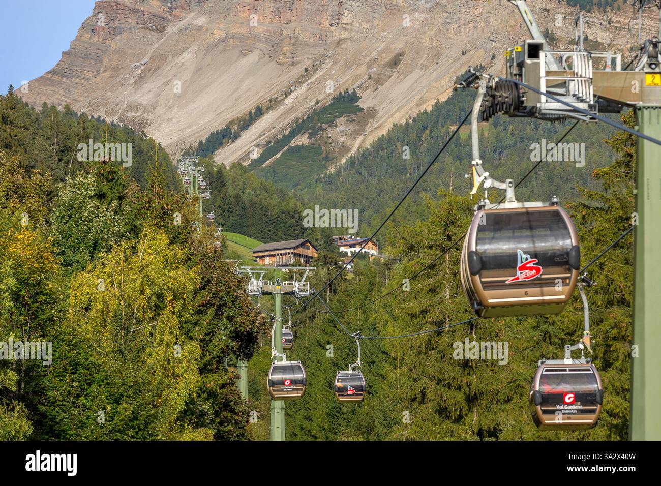 Ortisei, Italy - September 29, 2024: Cable car cabins to Furnes, part ...