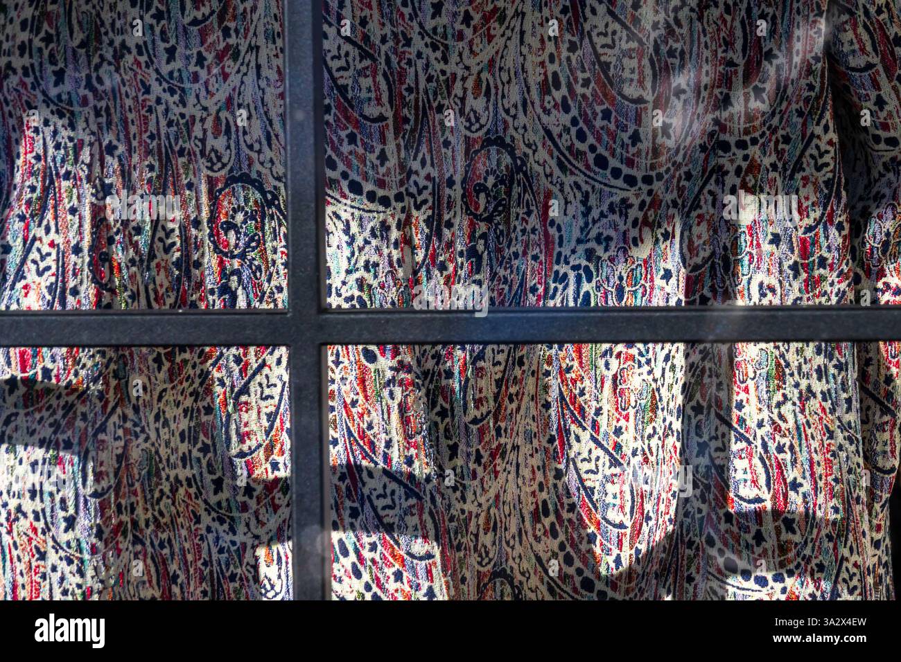 Viewed through a window, two intersecting metal bars form a tilted ...