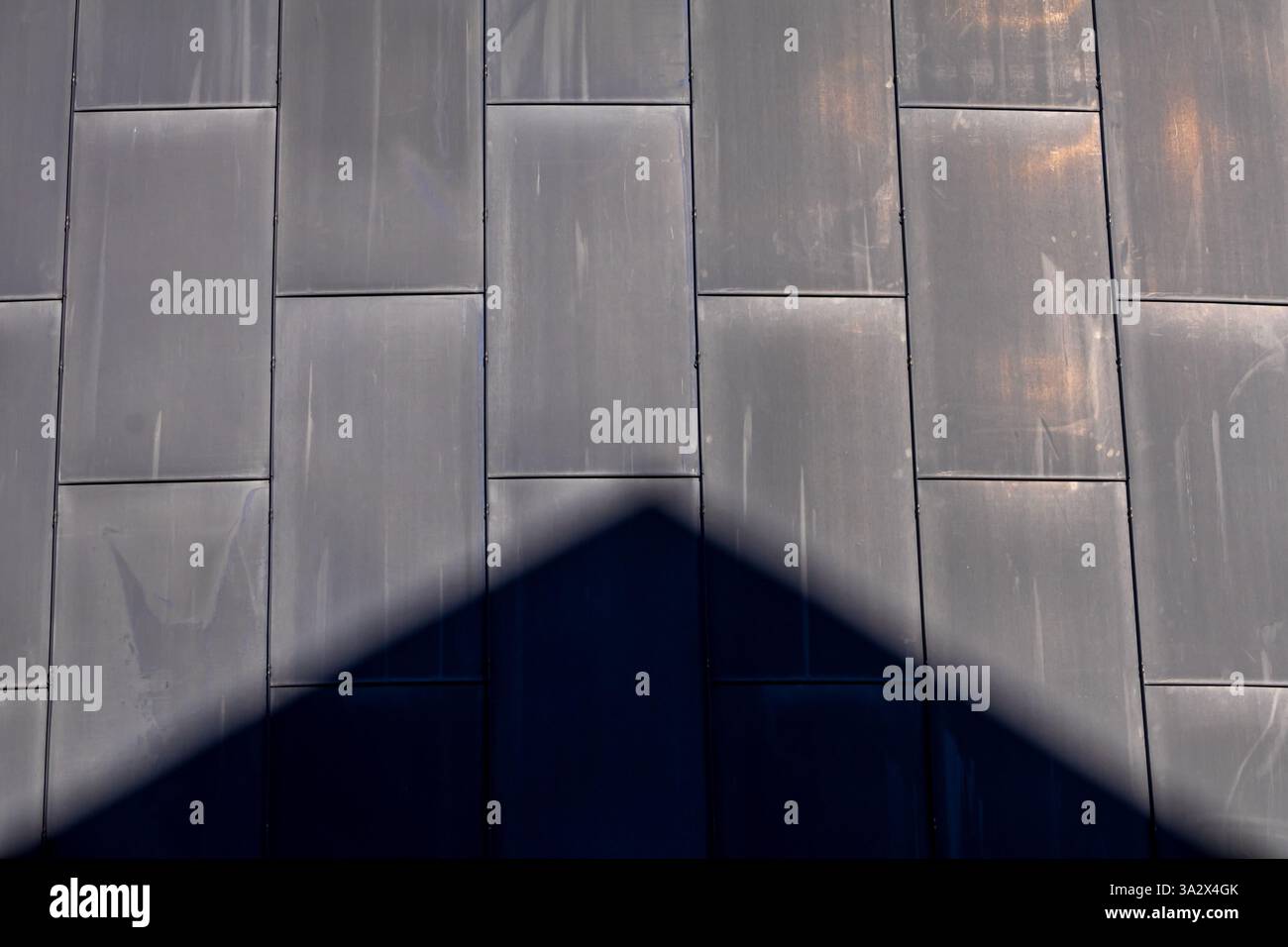 A sharp triangular roof shadow cuts across the rectangular metal facade ...