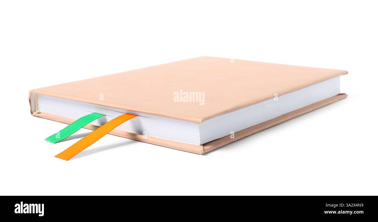 Book with ribbon bookmarks isolated on white Stock Photo - Alamy