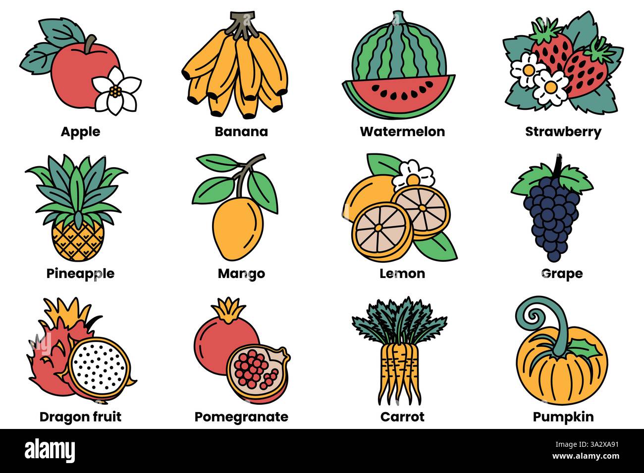 A Set of illustrations in the concept of vegetables and fruits in line ...