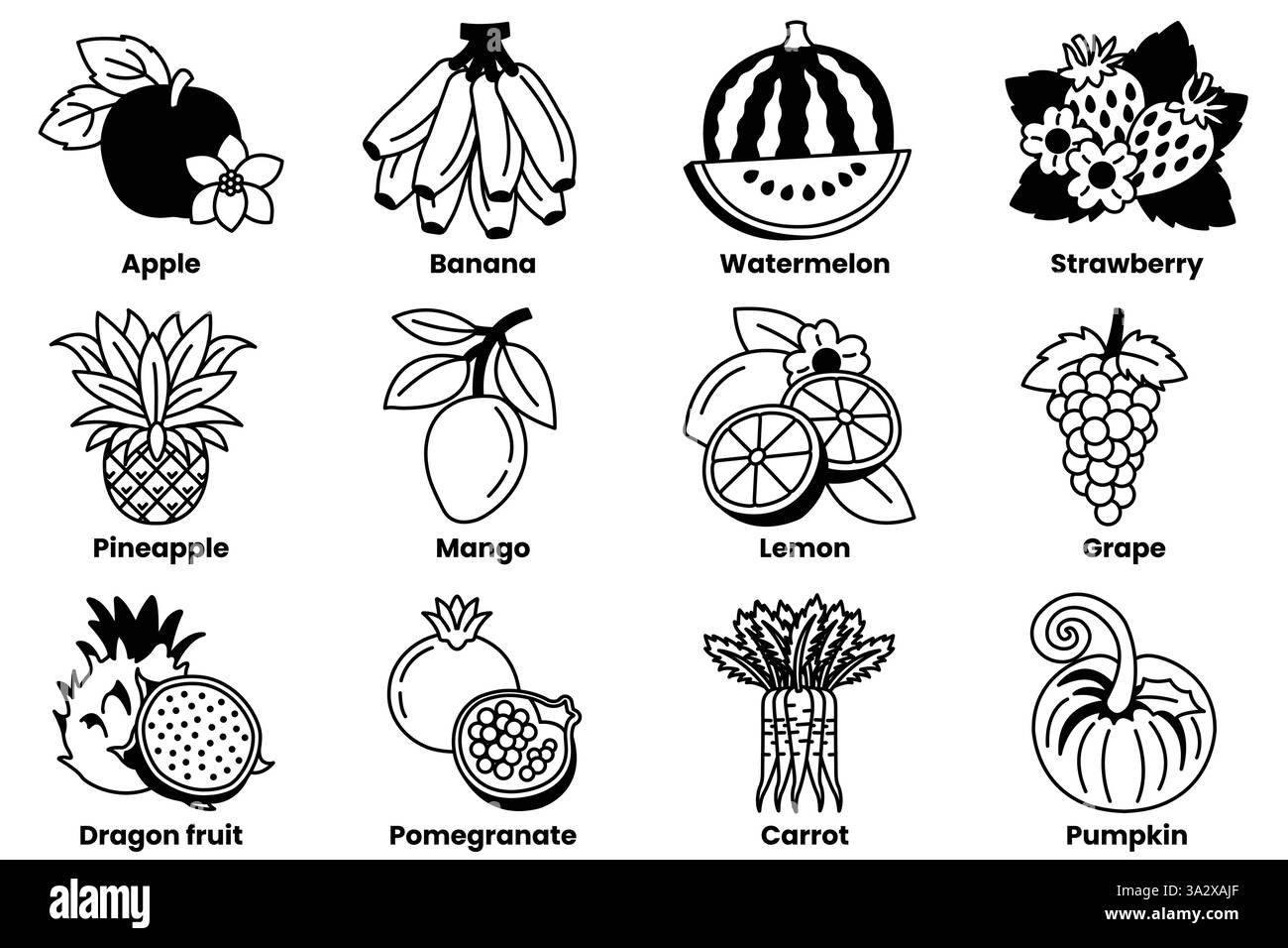 A Set of illustrations in the concept of vegetables and fruits in line ...