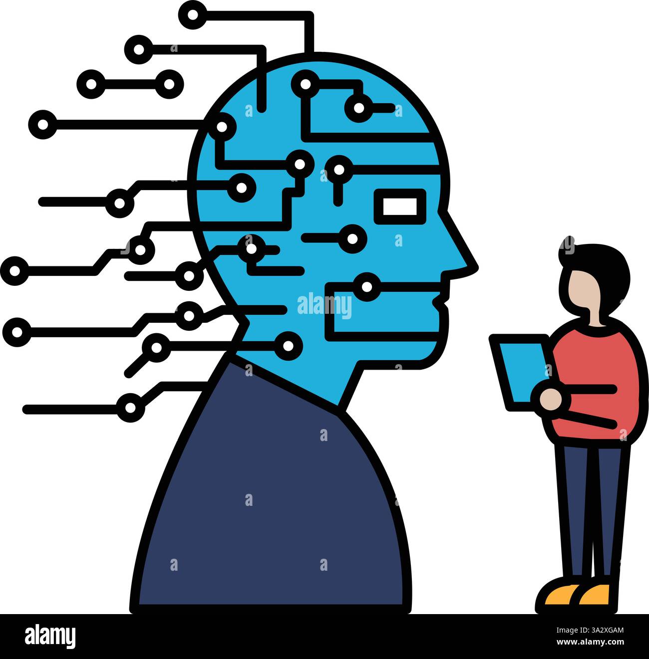 A man is standing next to a blue head with lots of wires coming out of ...