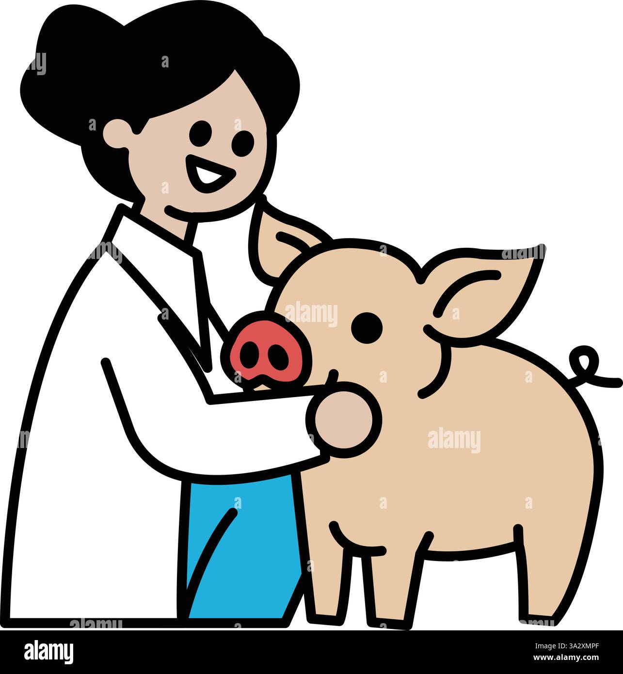 A cartoon of a woman in a white lab coat holding a pig. The woman is ...