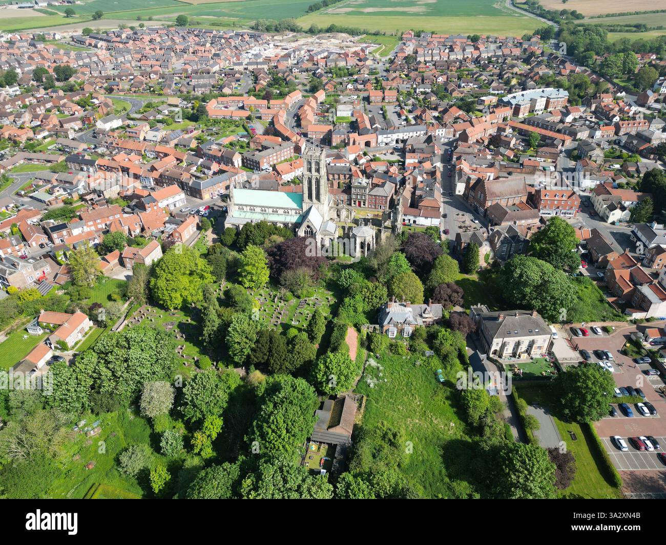 aerial view of Howden Minster, a large Grade I listed Church in the ...