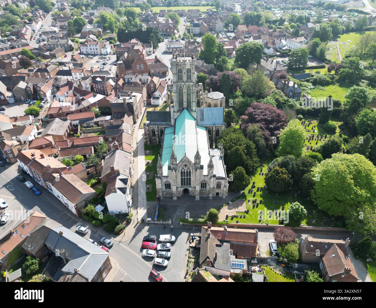 aerial view of Howden Minster, a large Grade I listed Church in the ...