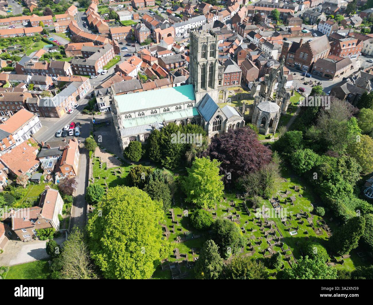 aerial view of Howden Minster, a large Grade I listed Church in the ...