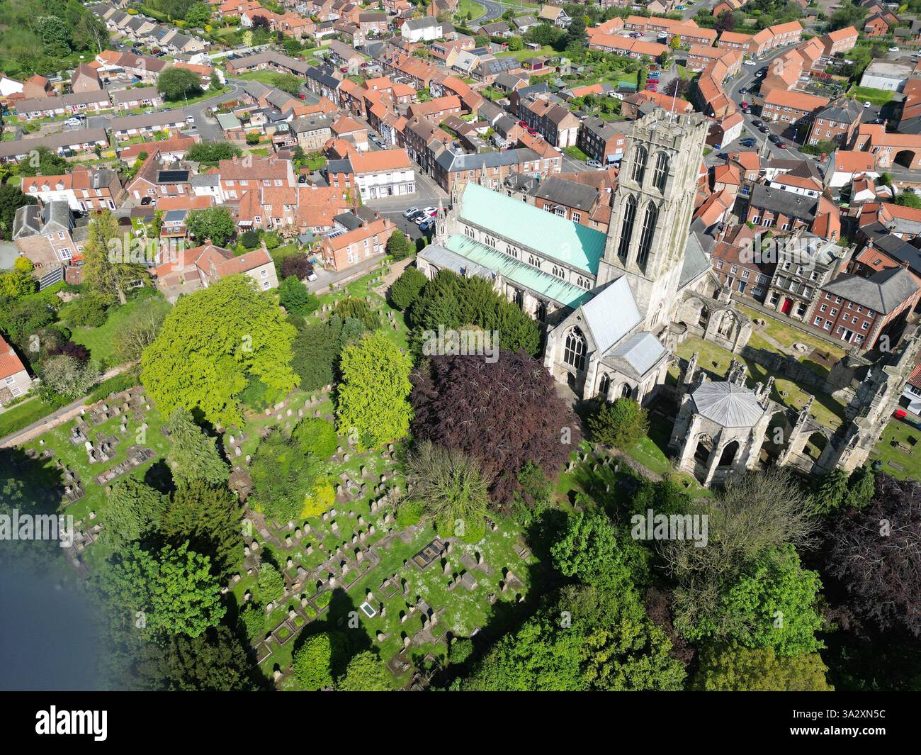 aerial view of Howden Minster, a large Grade I listed Church in the ...