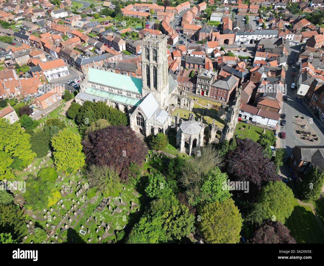 aerial view of Howden Minster, a large Grade I listed Church in the ...