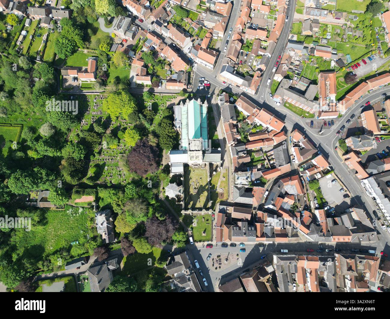 aerial view of Howden Minster, a large Grade I listed Church in the ...