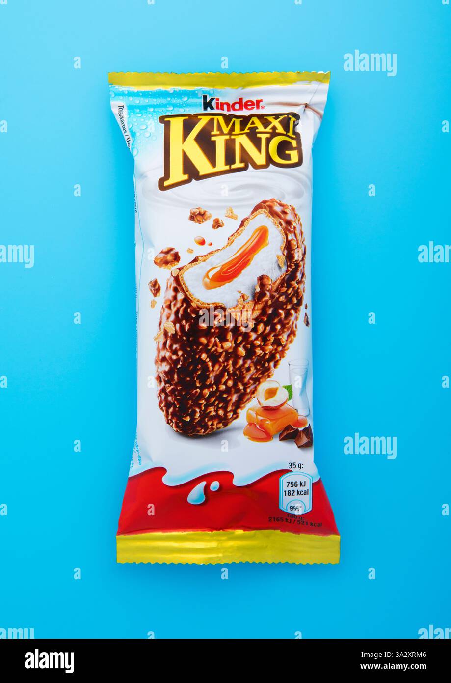 LONDON, UK - FEBRUARY 27, 2025: Kinder maxi King hazelnut caramel snack ...