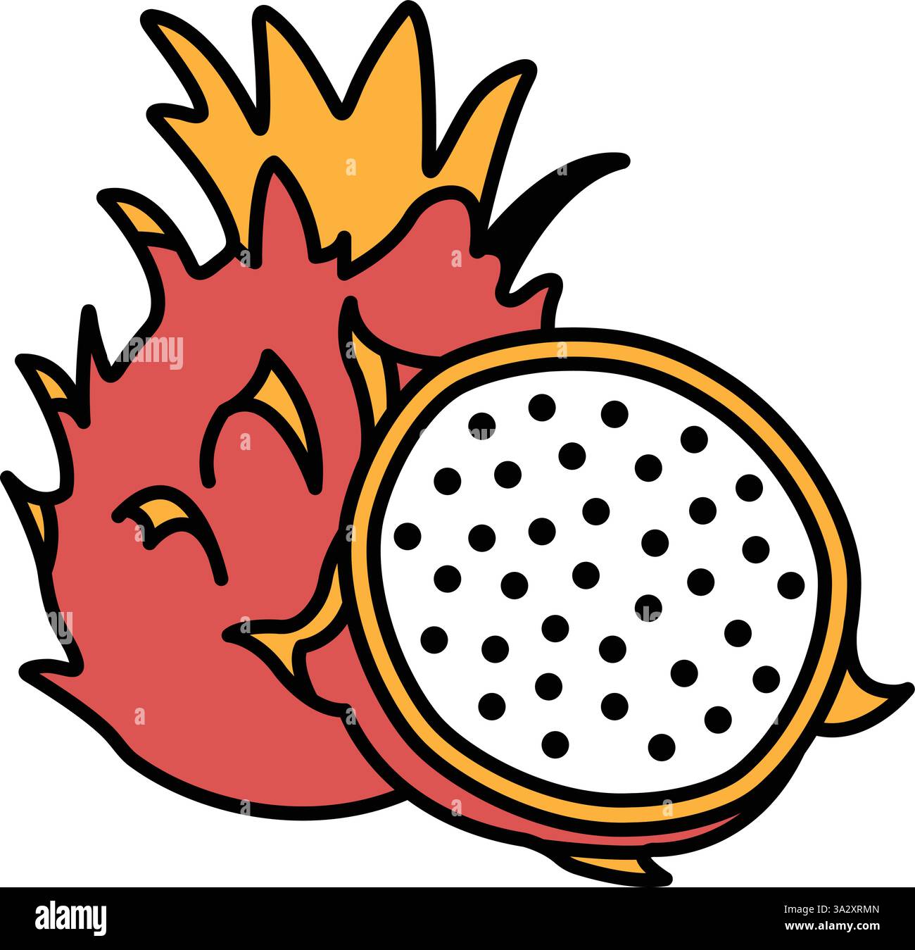 A cartoon drawing of a dragon fruit with a white background. The fruit ...