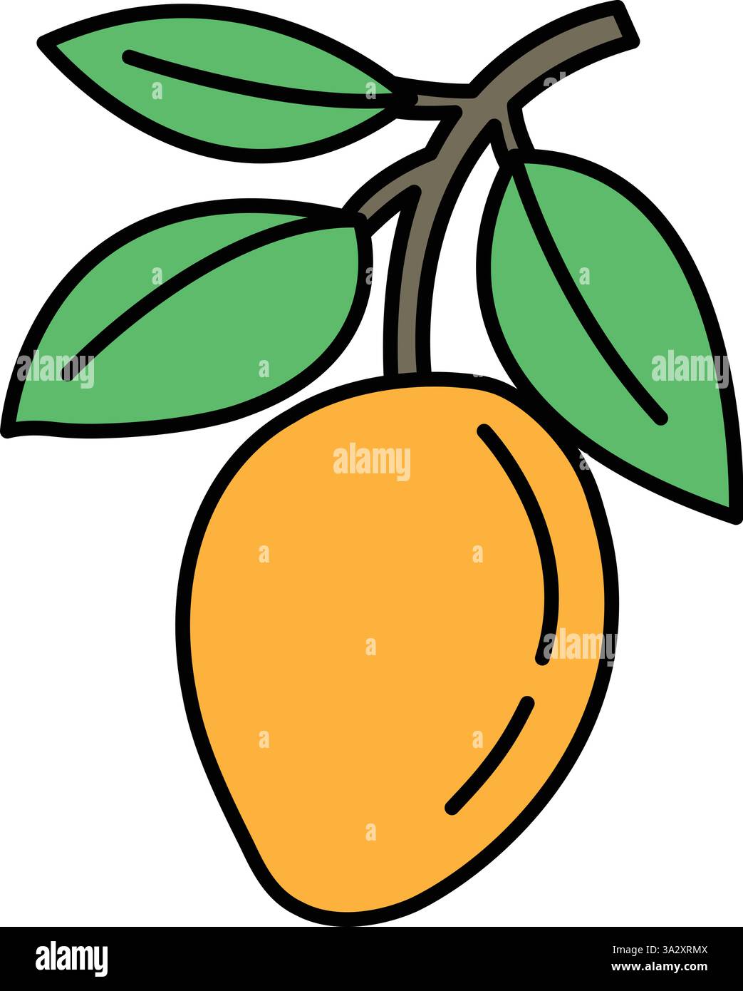 A cartoon drawing of a mango with green leaves. The drawing is colorful ...
