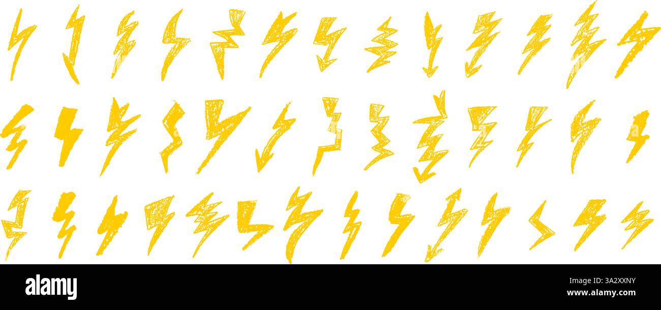 Set of lightning by wax pencil drawing. Collection of handdrawing chalk ...