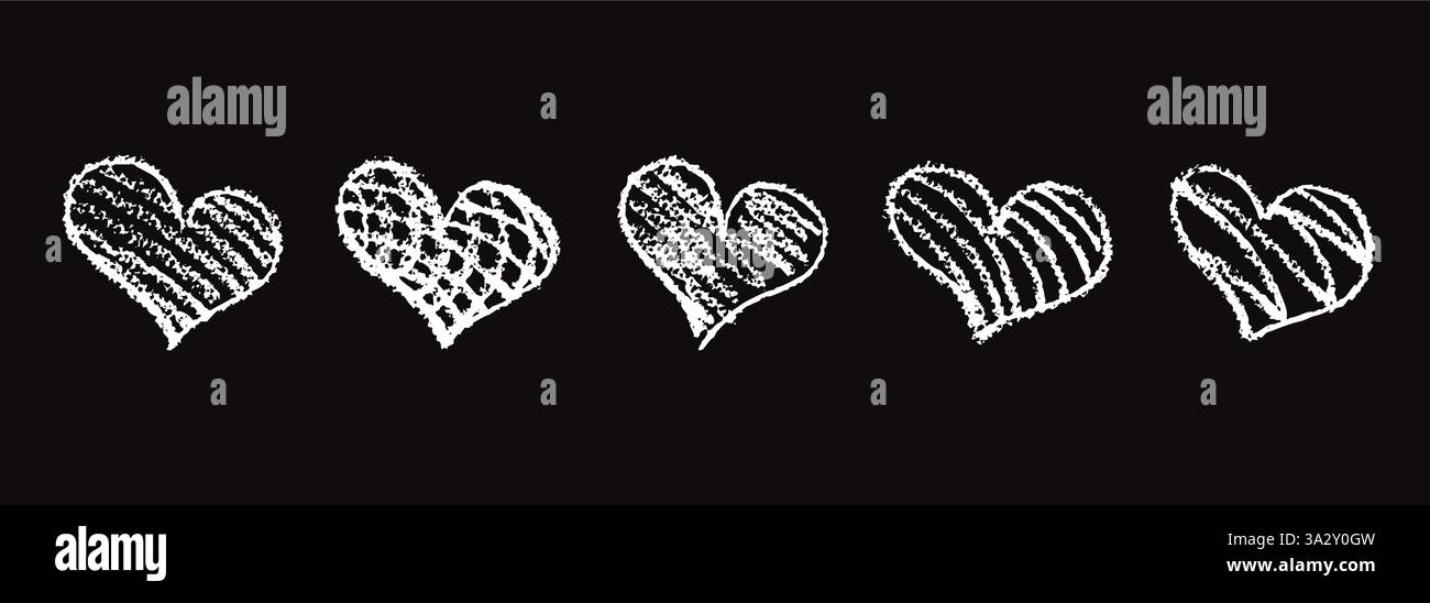 Set of white hearts signs drawn by wax pencil. Love symbols in doodle ...