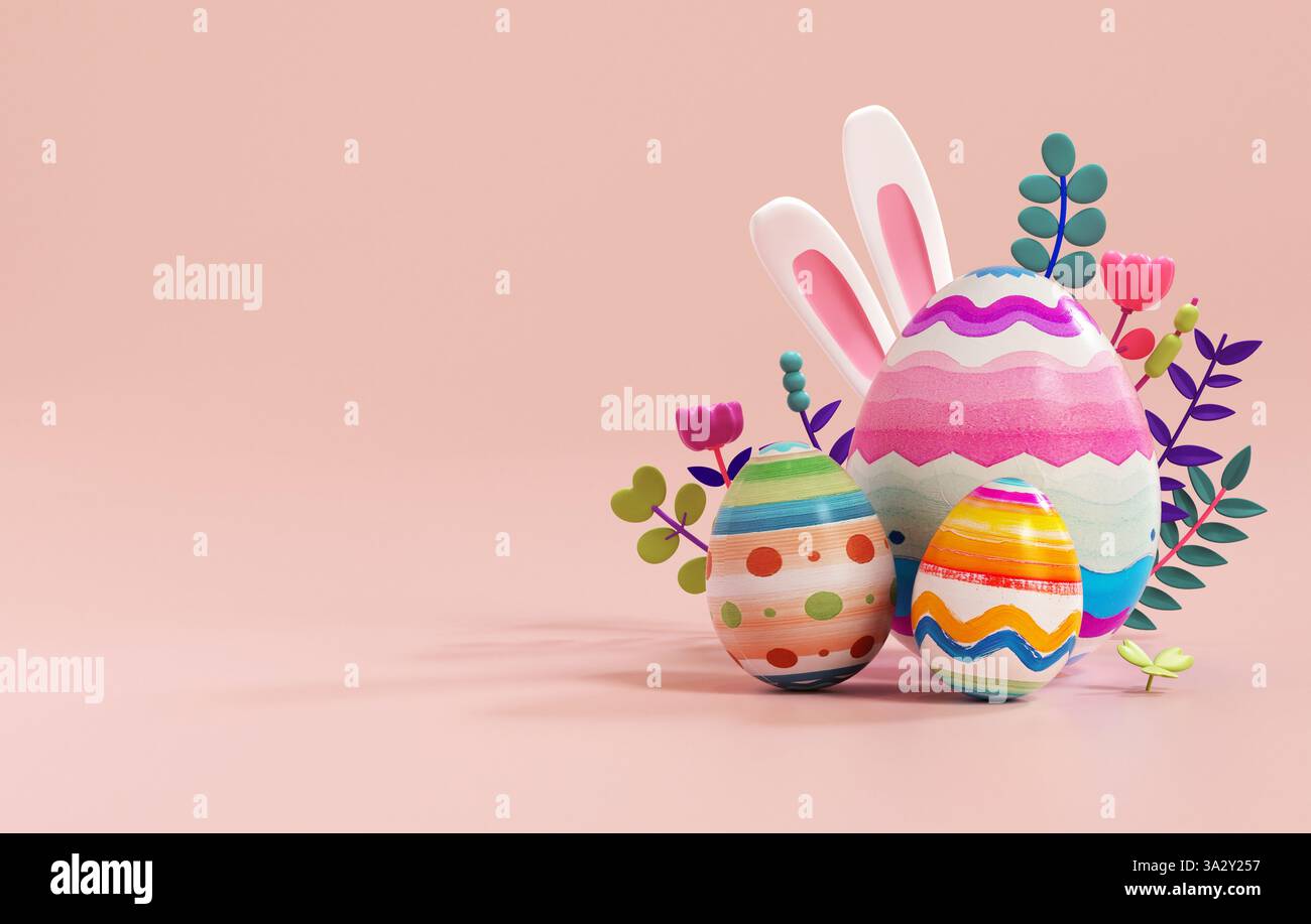 Happy Easter scene for greeting banner template with decorated eggs ...