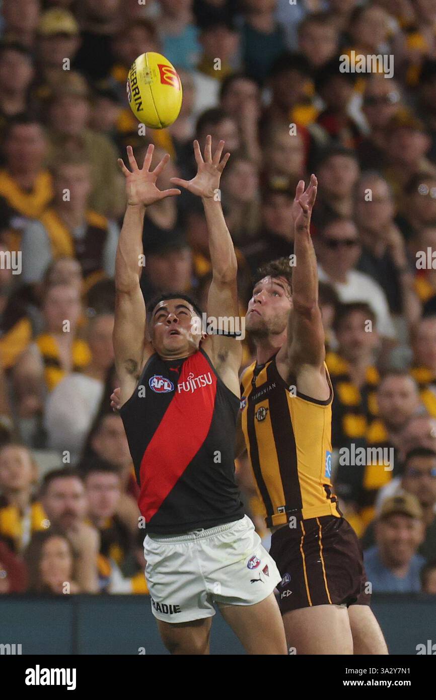 Isaac Kako of the Bombers attempts to mark the ball during the AFL ...