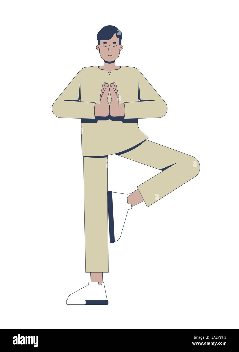 Indian man practicing tree pose in yoga 2D cartoon character Stock ...