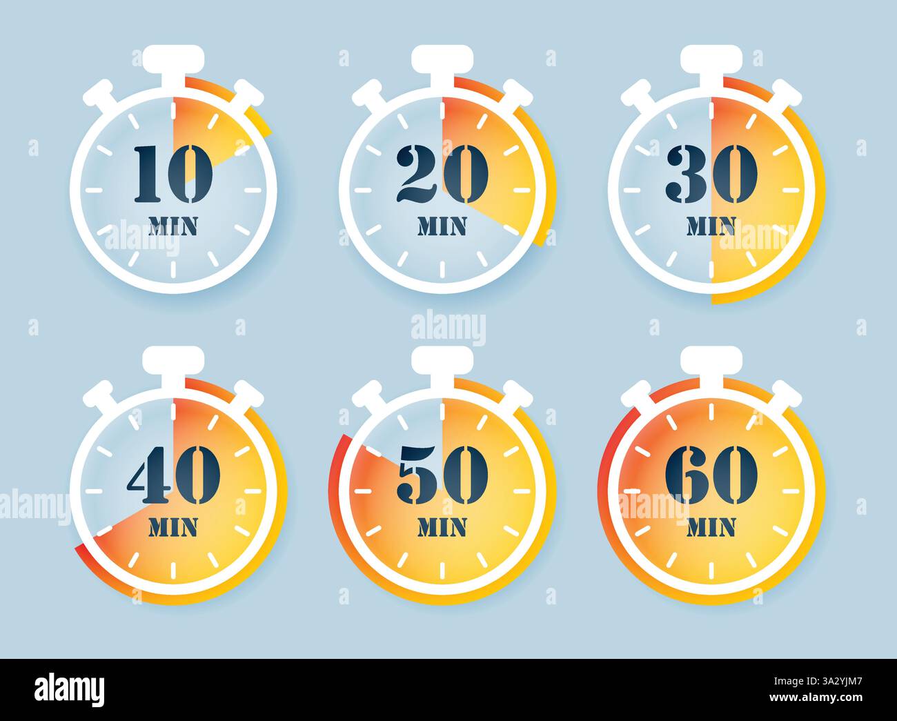 From 10 Minutes To 60 Minutes On Stopwatch Icon Set Collection In Flat Style Clock Face Timer