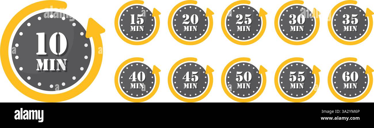 From 10 minutes to 60 minutes on stopwatch icon set collection in flat ...