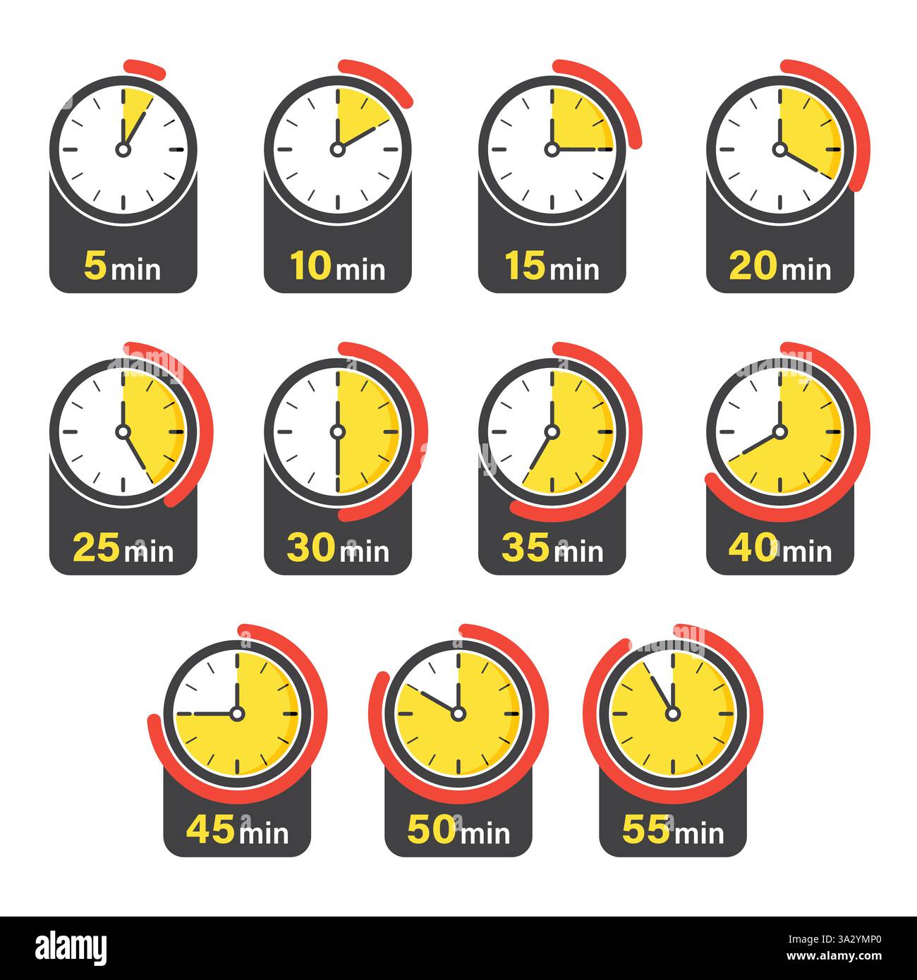 From 5 Minutes To 55 Minutes On Stopwatch Icon Set Collection In Flat