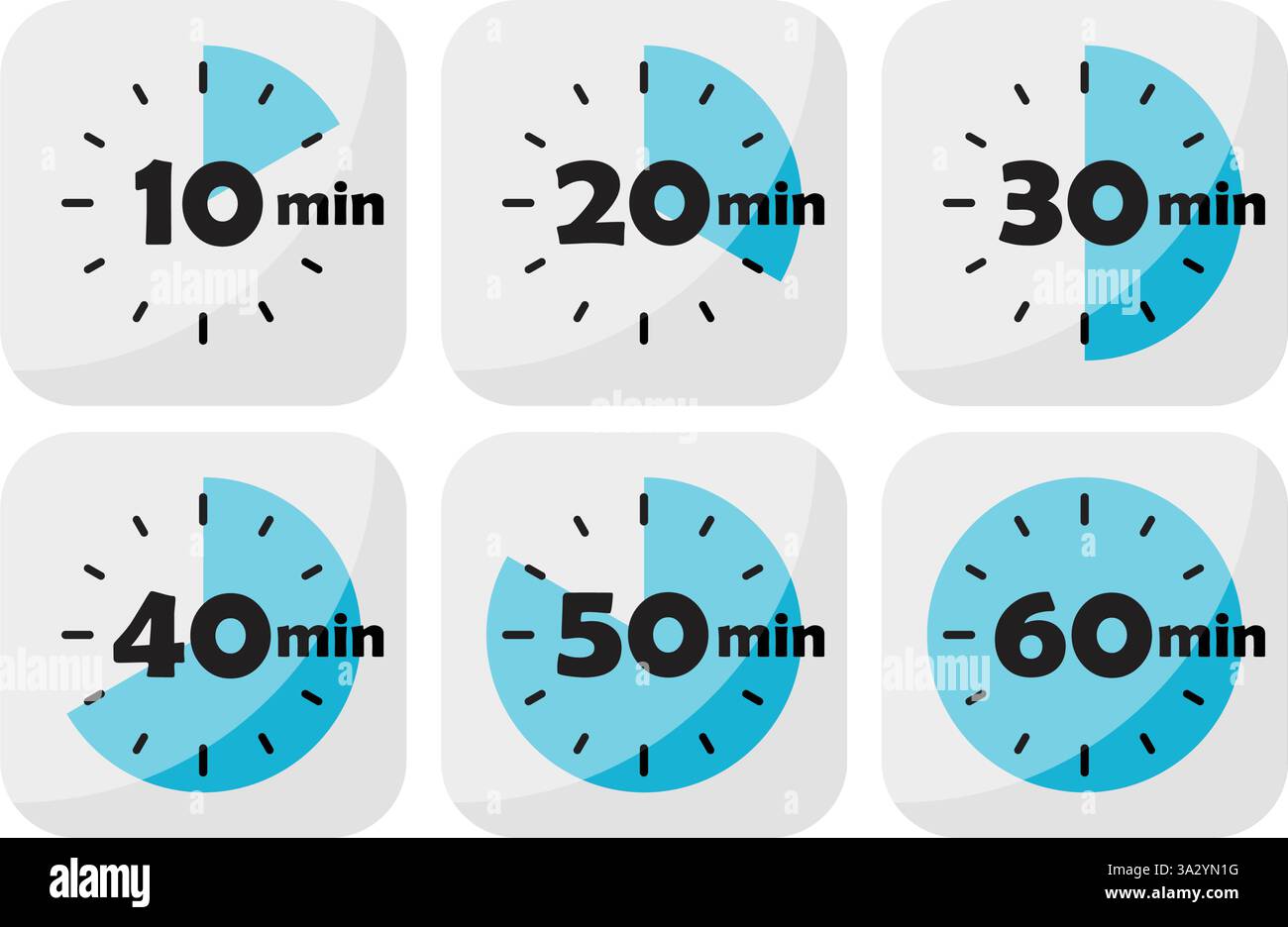 From 10 Minutes To 60 Minutes On Stopwatch Icon Set Collection In Flat Style Clock Face Timer