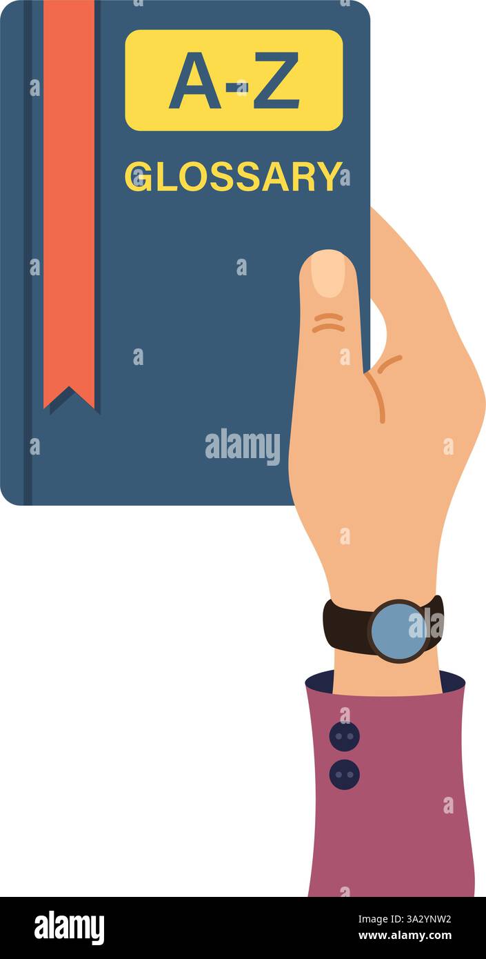 Glossary book in hand icon in flat style. Guidebook encyclopedia vector ...