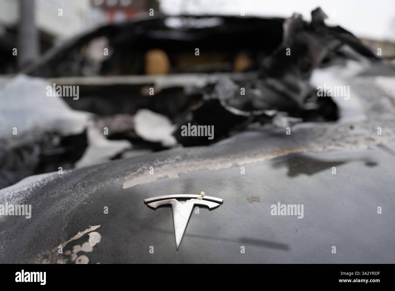 Berlin, Germany. 14th Mar, 2025. A burnt-out Tesla car stands in the ...