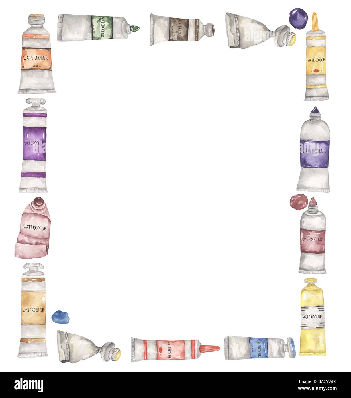 Watercolor hand drawn artist supplies frame illustration, paint tubes ...