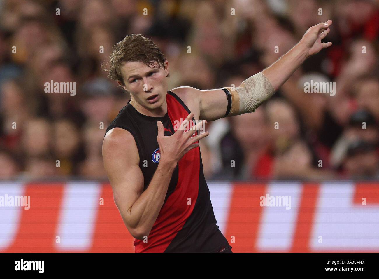 Xavier Duursma of the Bombers celebrates kicking a goal during the AFL ...