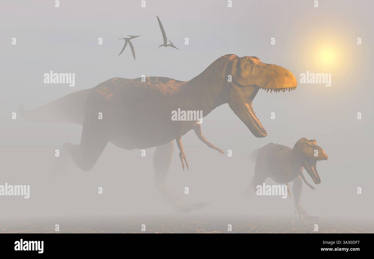 T Rex Dinosaurs Running through A Misty Cretaceous Landscape Stock ...