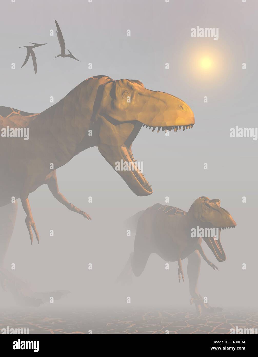 T Rex Dinosaurs Running through A Misty Cretaceous Landscape Stock ...