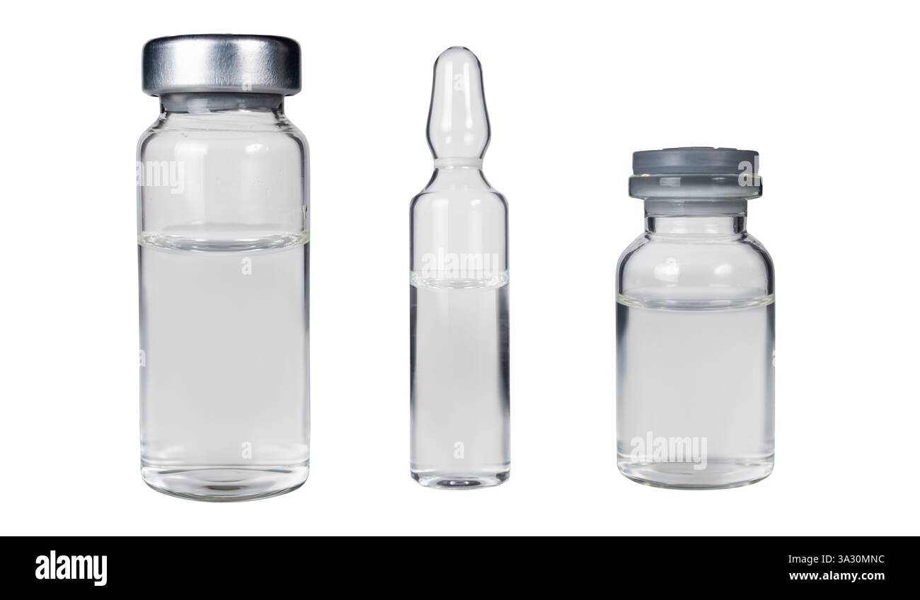Vials with clear liquid are displayed on a clean surface in a ...