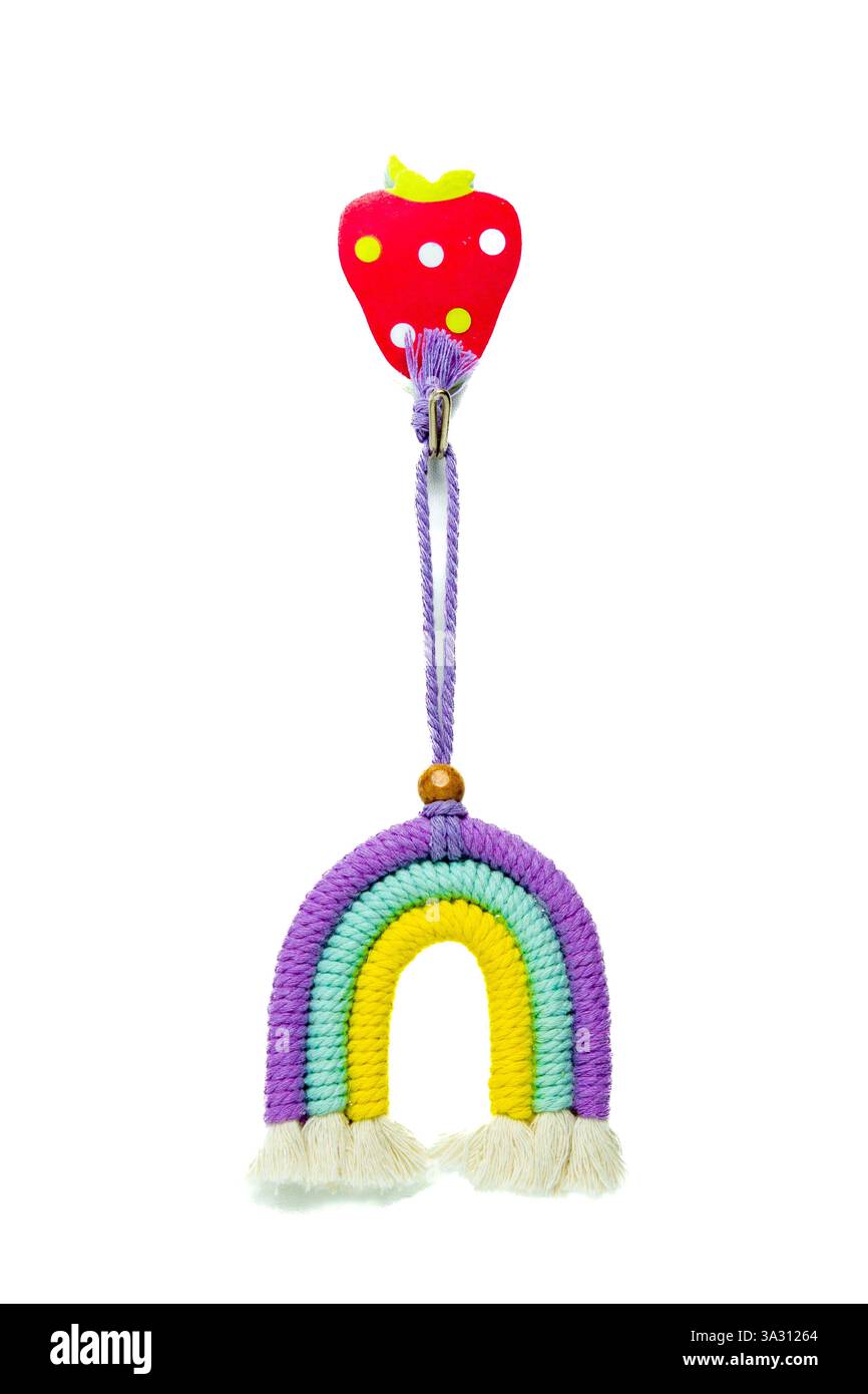Macrame keychain on a white background. This is a handmade key chain ...