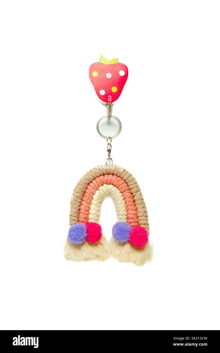 Macrame keychain on a white background. This is a handmade key chain ...