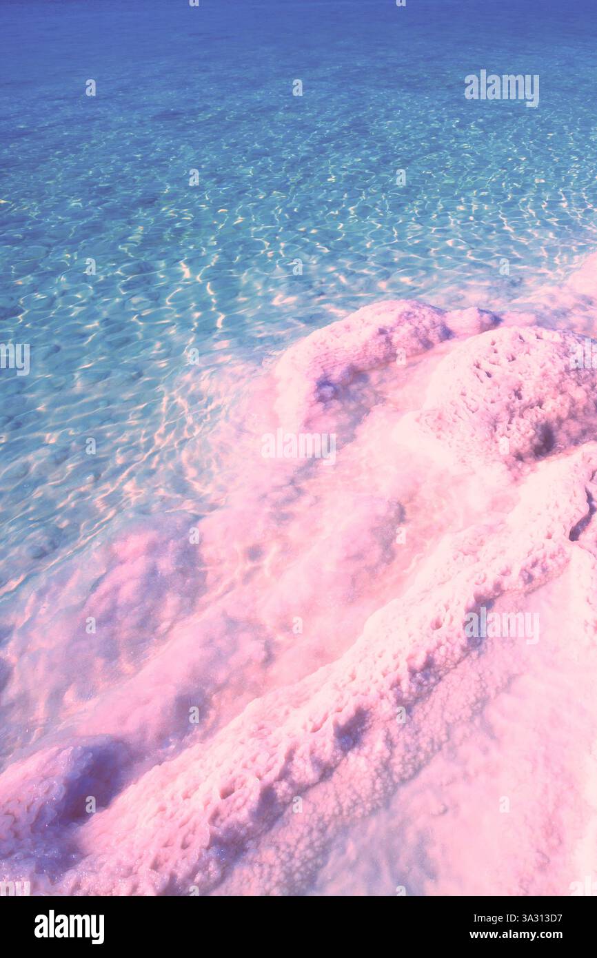 Texture of the Dead Sea in the pink light of the sunrise. Salty ...