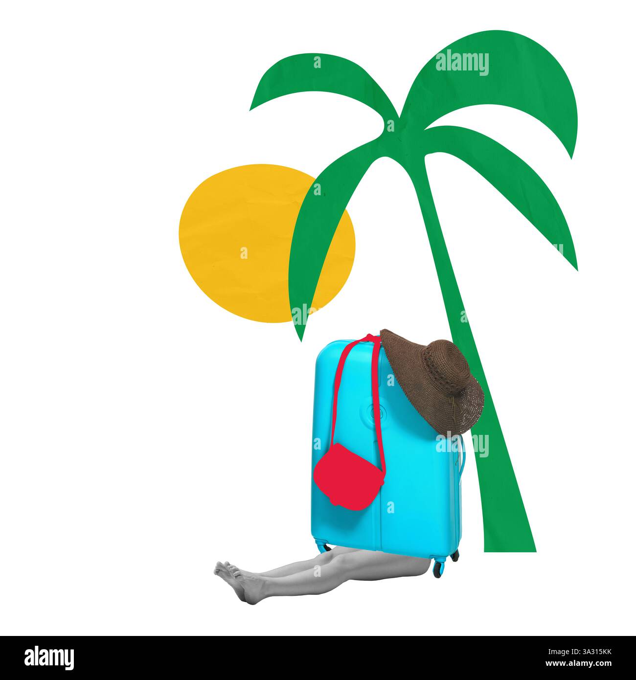 Suitcase with legs resting under palm tree with sun, wearing hat and ...