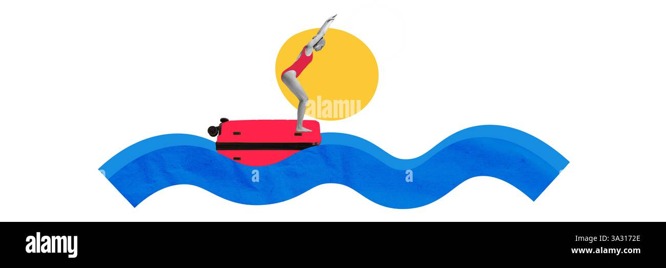 Woman in red swimsuit diving into waves from floating suitcase under ...