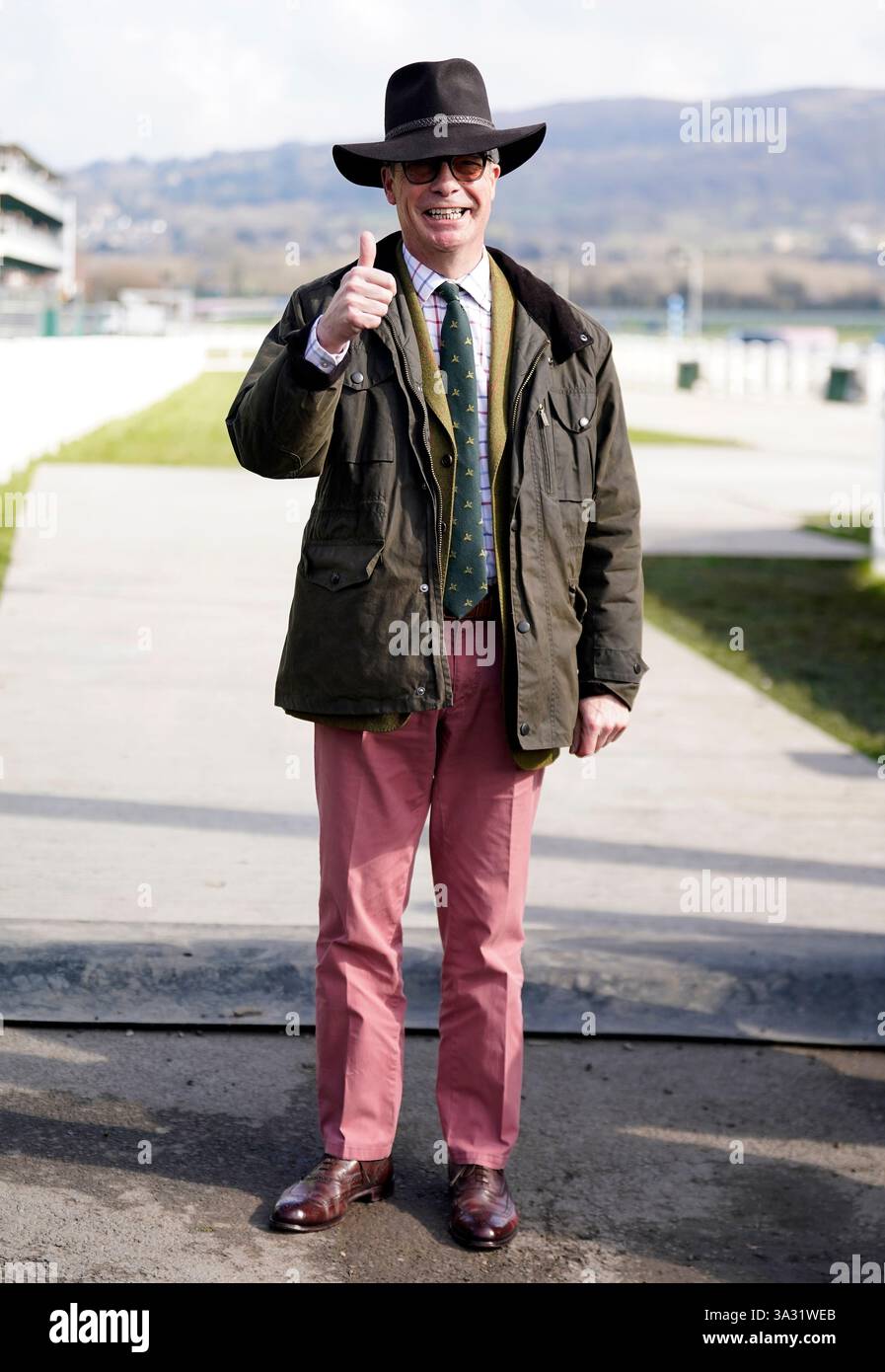 Nigel Farage on day four of the 2025 Cheltenham Festival at Cheltenham ...