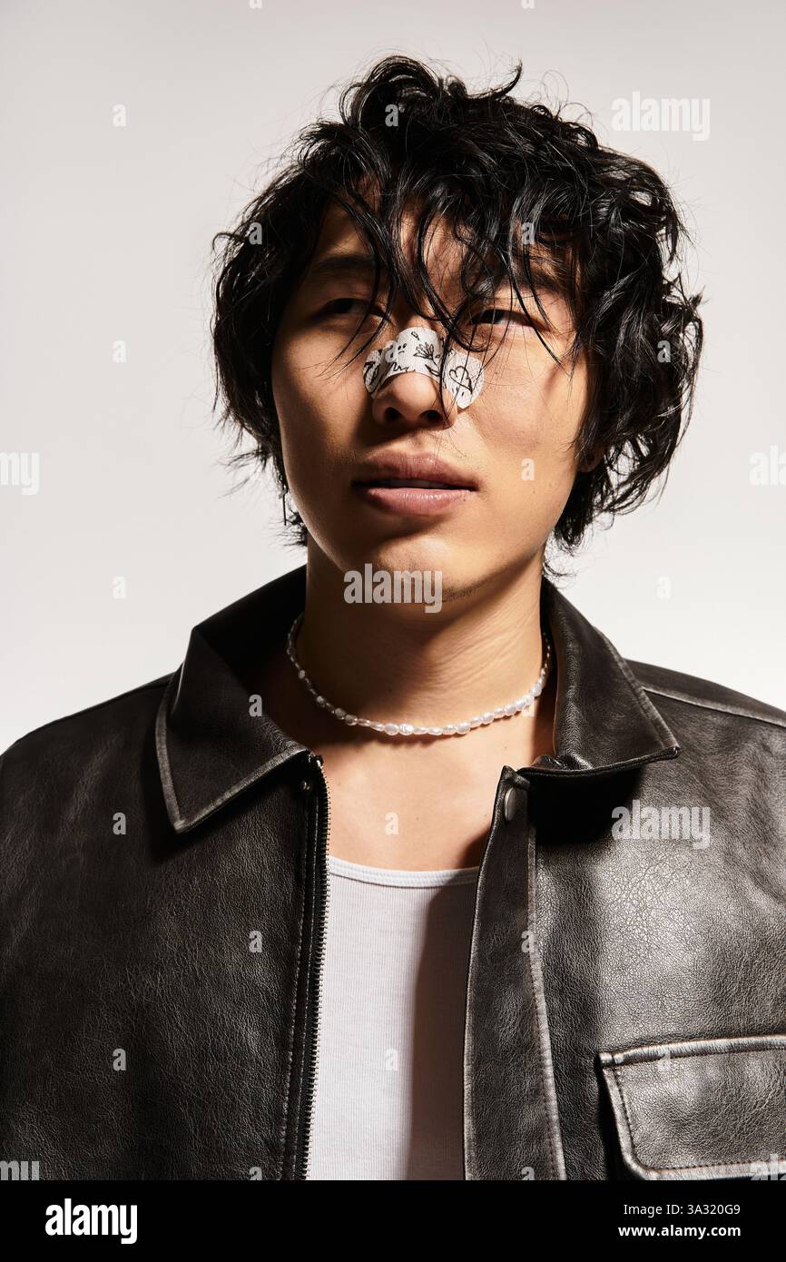 Stylish asian man with a bandage on his nose, wearing leather jacket ...