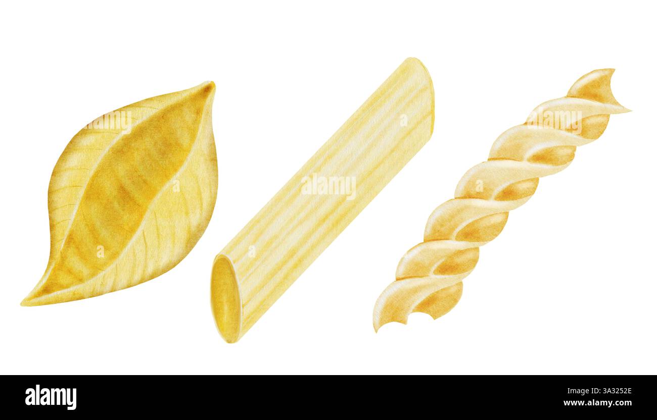 Pasta different types watercolor set. Hand drawn italian macaroni on ...