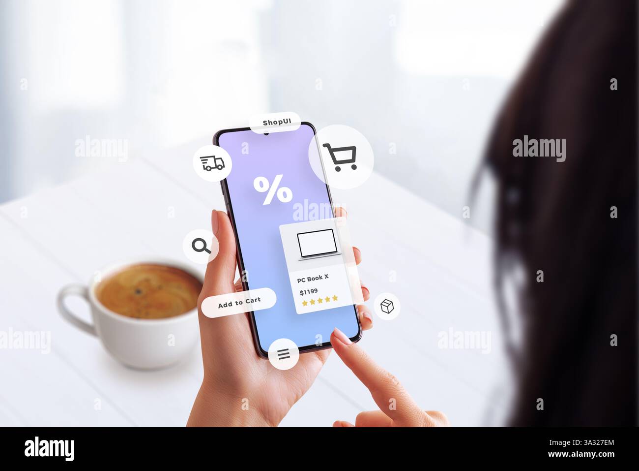 Woman holding phone, interacting with a shopping app, surrounded by ...
